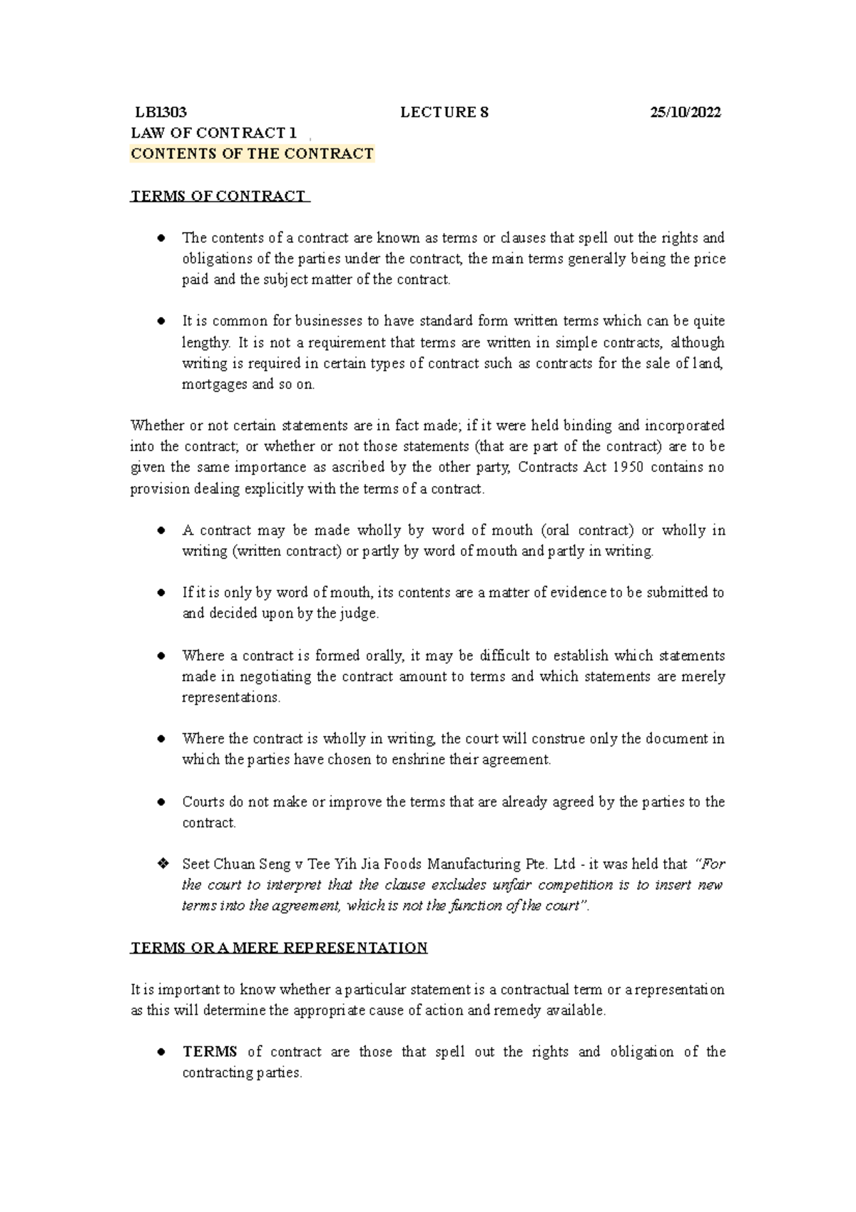 LB1303 Contract Lecture 8 - LB1303 LECTURE 8 25/10/ LAW OF CONTRACT 1 ...