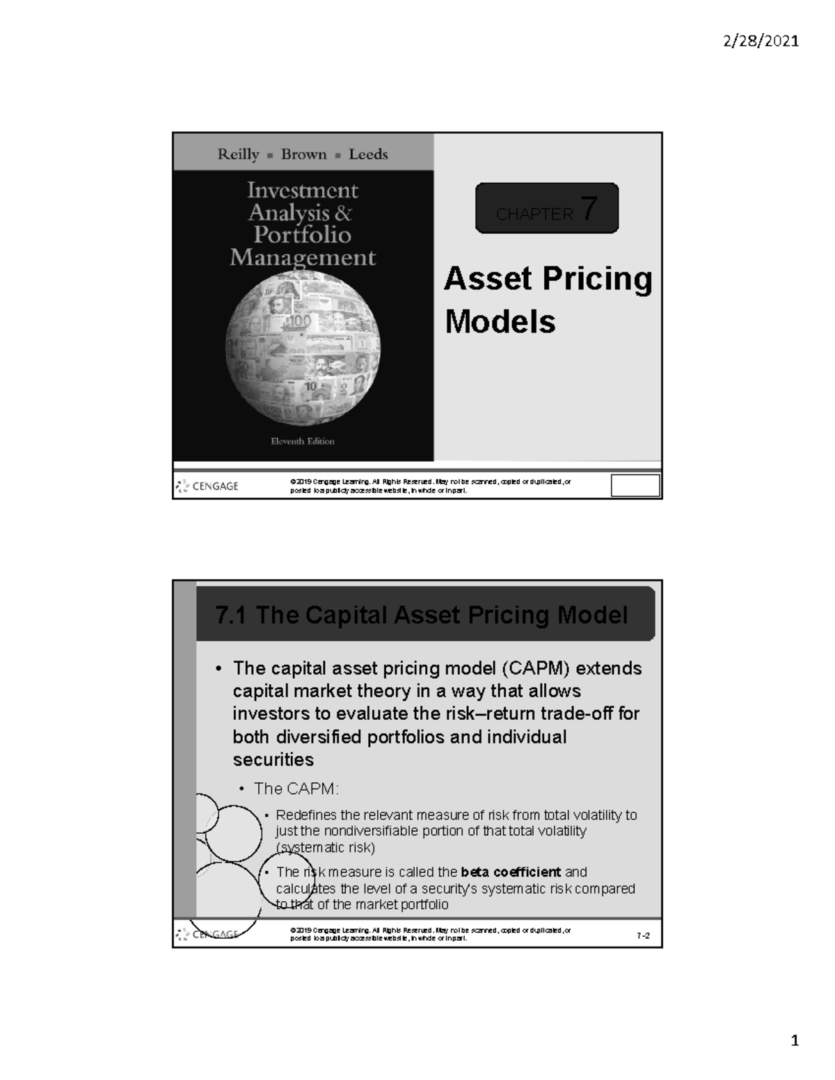 St Ch 7 Asset Pricing - notes - 7- CHAPTER 7 Asset Pricing Models ©2019 ...