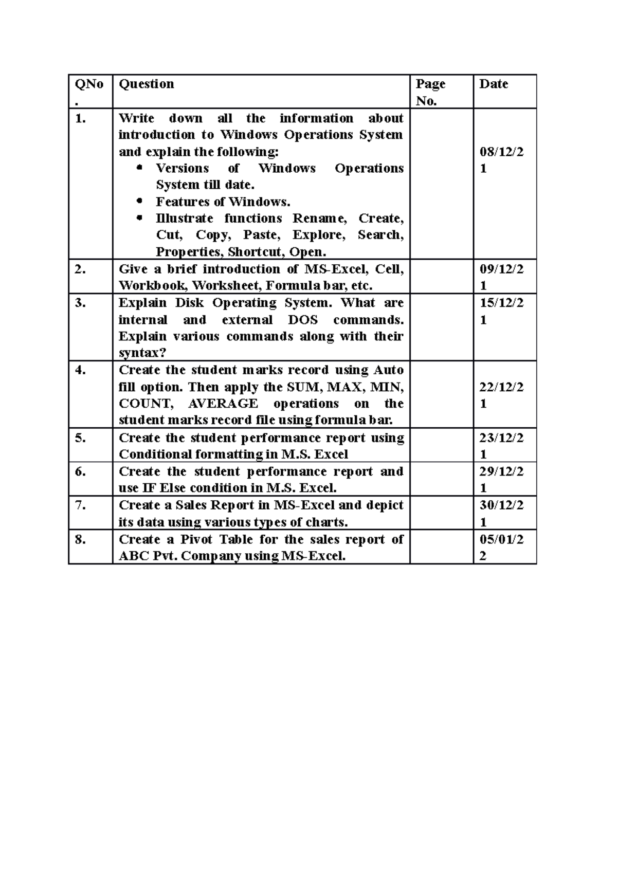 Lab Project Qno Question Page No Date Write Down All The