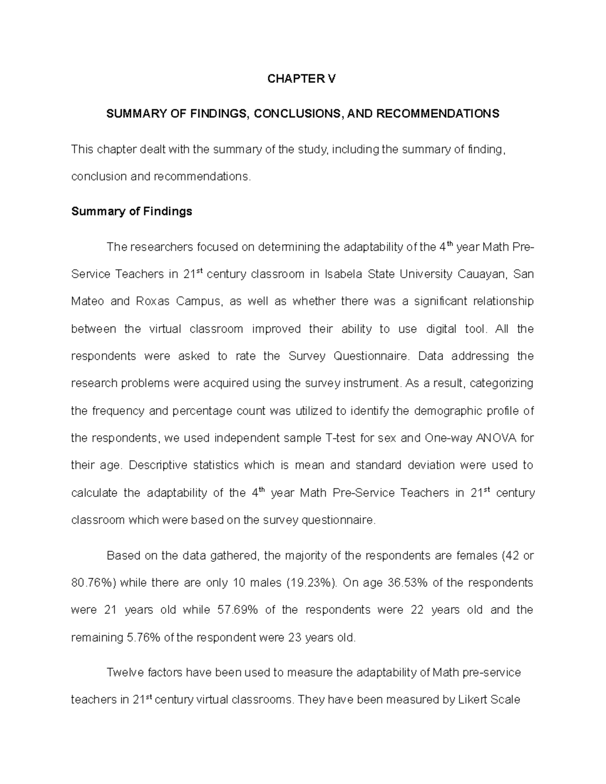 Chapter V5 - CHAPTER V SUMMARY OF FINDINGS, CONCLUSIONS, AND ...