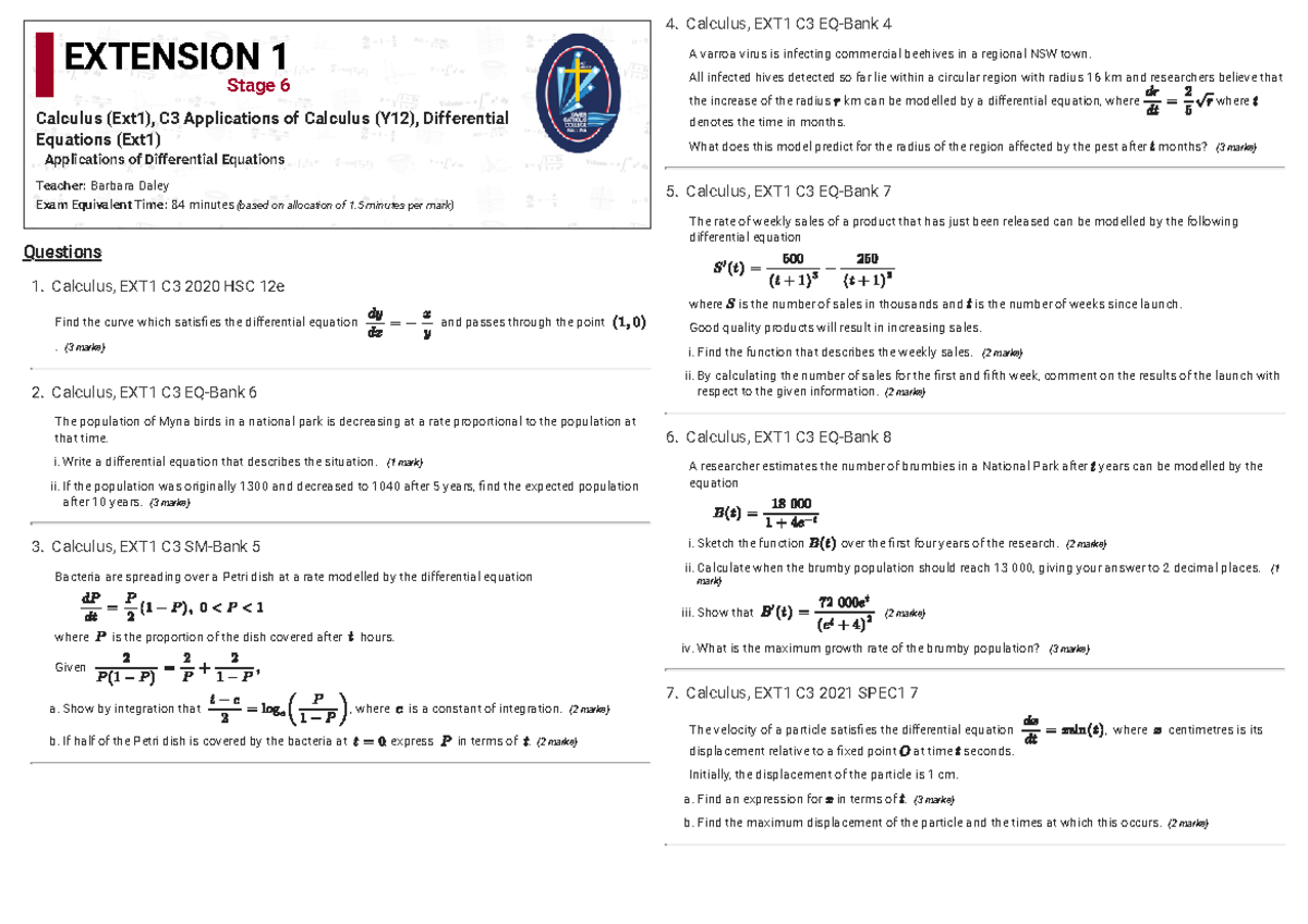 EXT 1 Smarter Maths TASK 3 Review Differential Equations - 1. Calculus ...