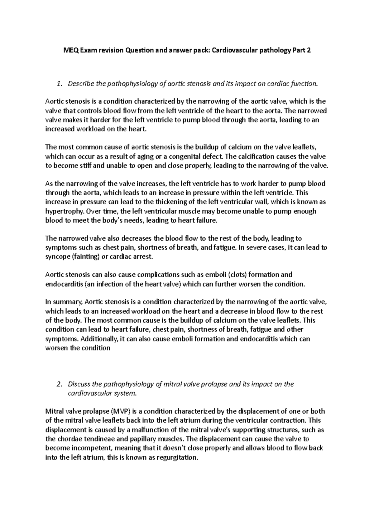 MEQ Exam revision Question and answer pack CVD part 2 - MEQ Exam ...