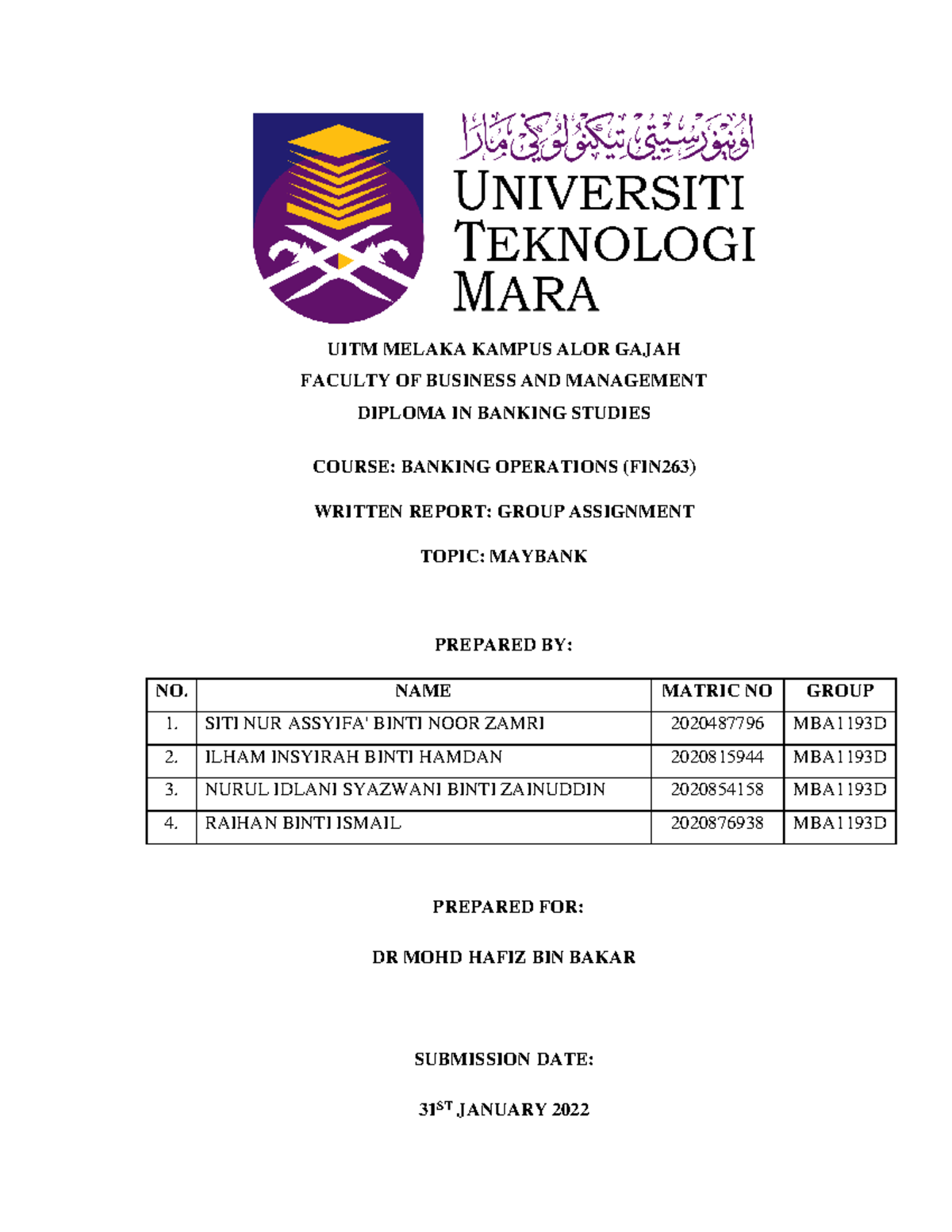 FIN263 Group Assignment ( Written Report) - UITM MELAKA KAMPUS ALOR ...
