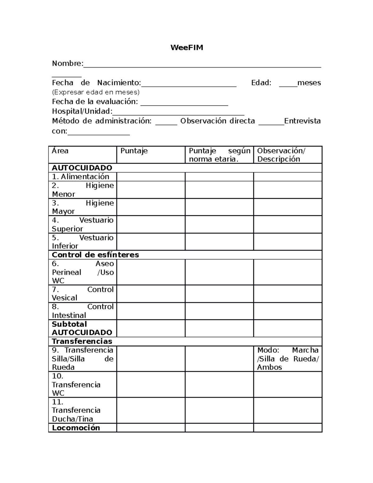 Pauta evaluacion Wee FIM niños y niñas - WeeFIM - Studocu