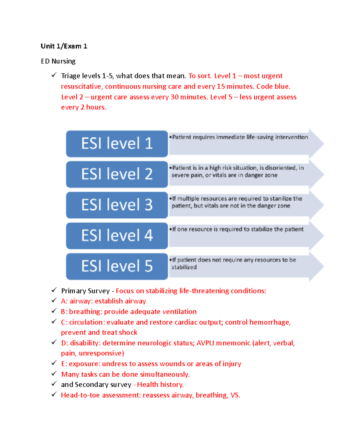 EXAM 1 Unit 1 Key points - acute care exam 1 notes - Unit 1/Exam 1 ED ...