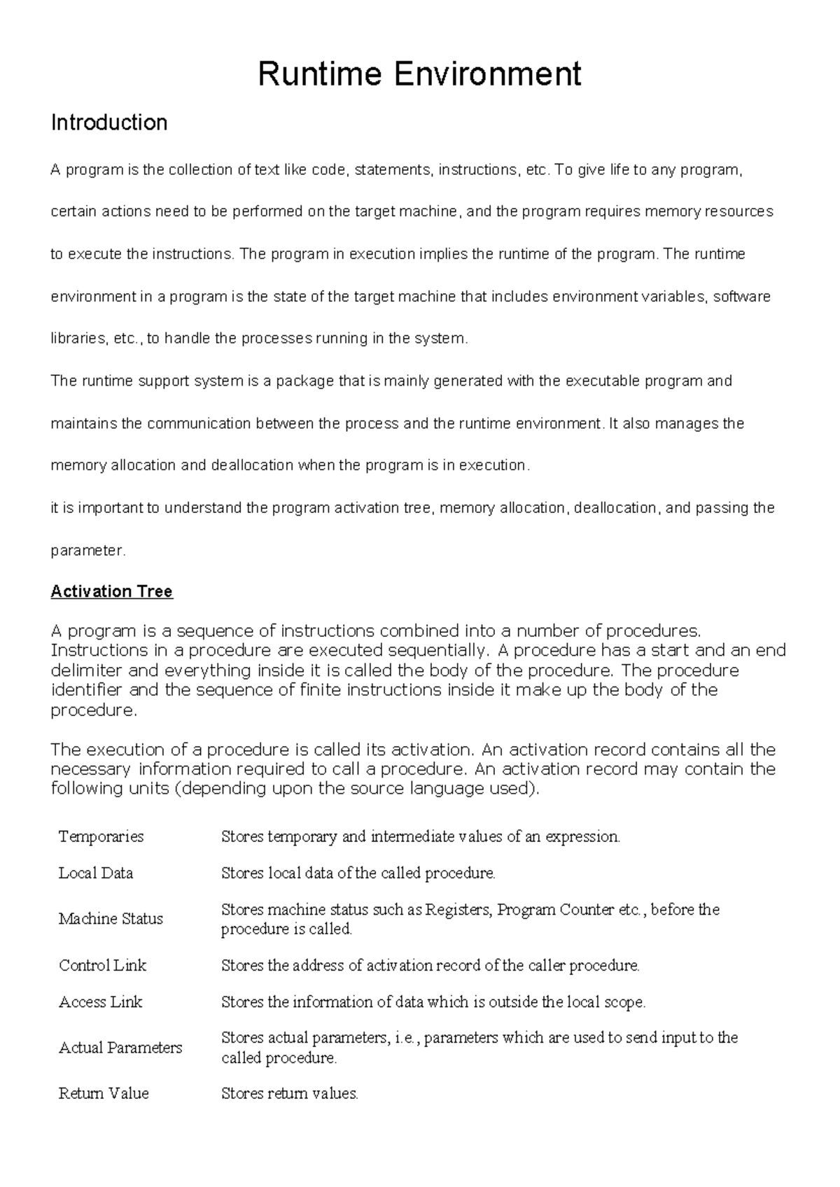 Unit 4 Cd Jntuh Cd Unit 4 Runtime Environment Introduction A Program Is The Collection Of