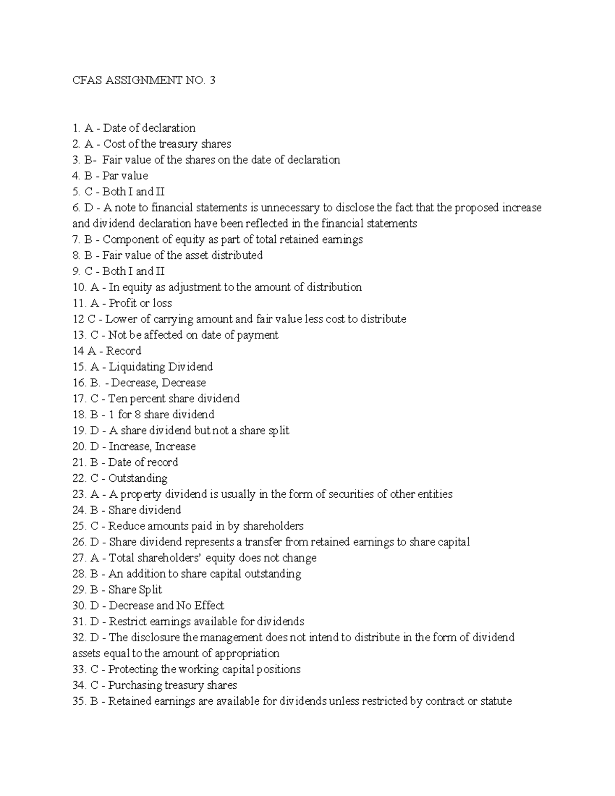 CFAS A3 - CFAS ASSIGNMENT NO. 3 A - Date of declaration A - Cost of the treasury shares B- Fair ...
