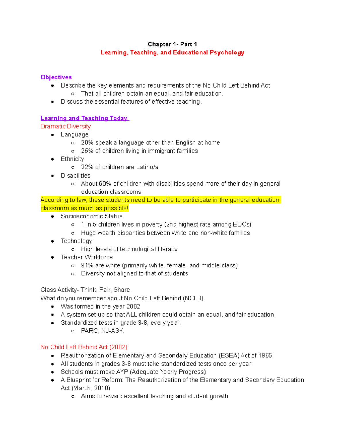 SEU 312- Chapter 1 Notes - Chapter 1- Part 1 Learning, Teaching, and ...