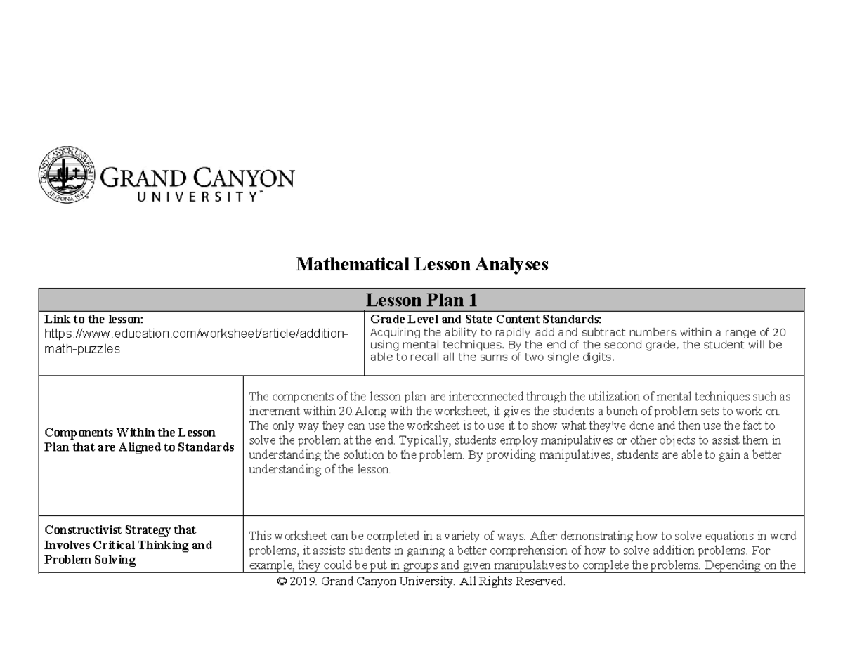 Asjelm 470 T2 Mathematical Lesson Analysis Mathematical Lesson