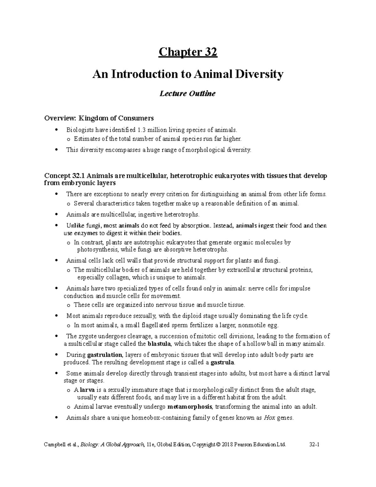 Campbell 11e Lecture Ch32 - Chapter 32 An Introduction to Animal ...