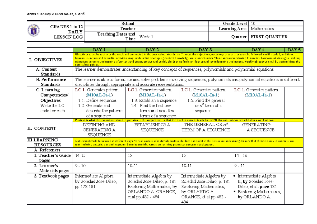 Math 10 dll q1 week 1 - DLL Q1 W1 - Annex 1B to DepEd Order No. 42, s ...