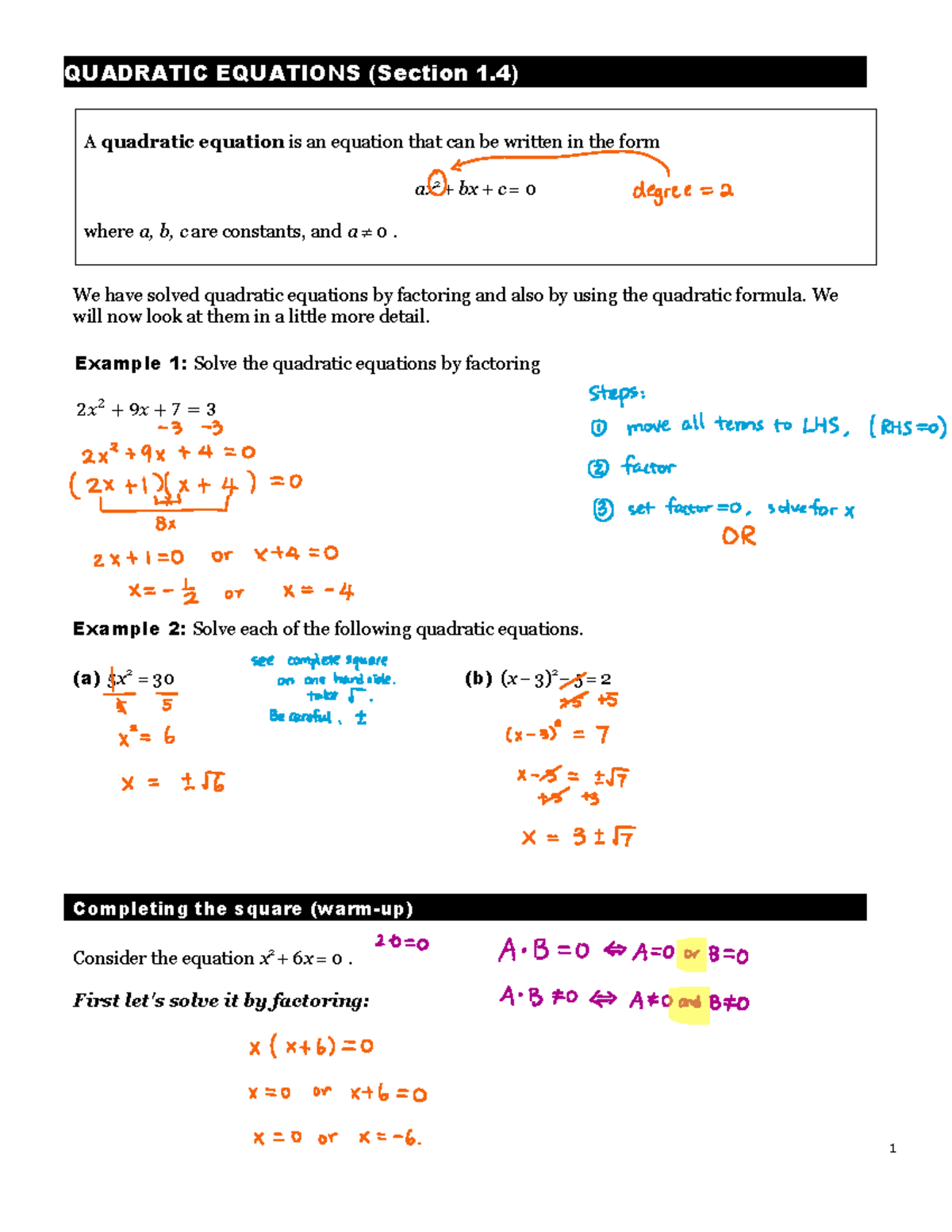 120 15F notes 1 - Chapter 1.4 Review - QUADRATIC EQUATIONS (Section 1 ...