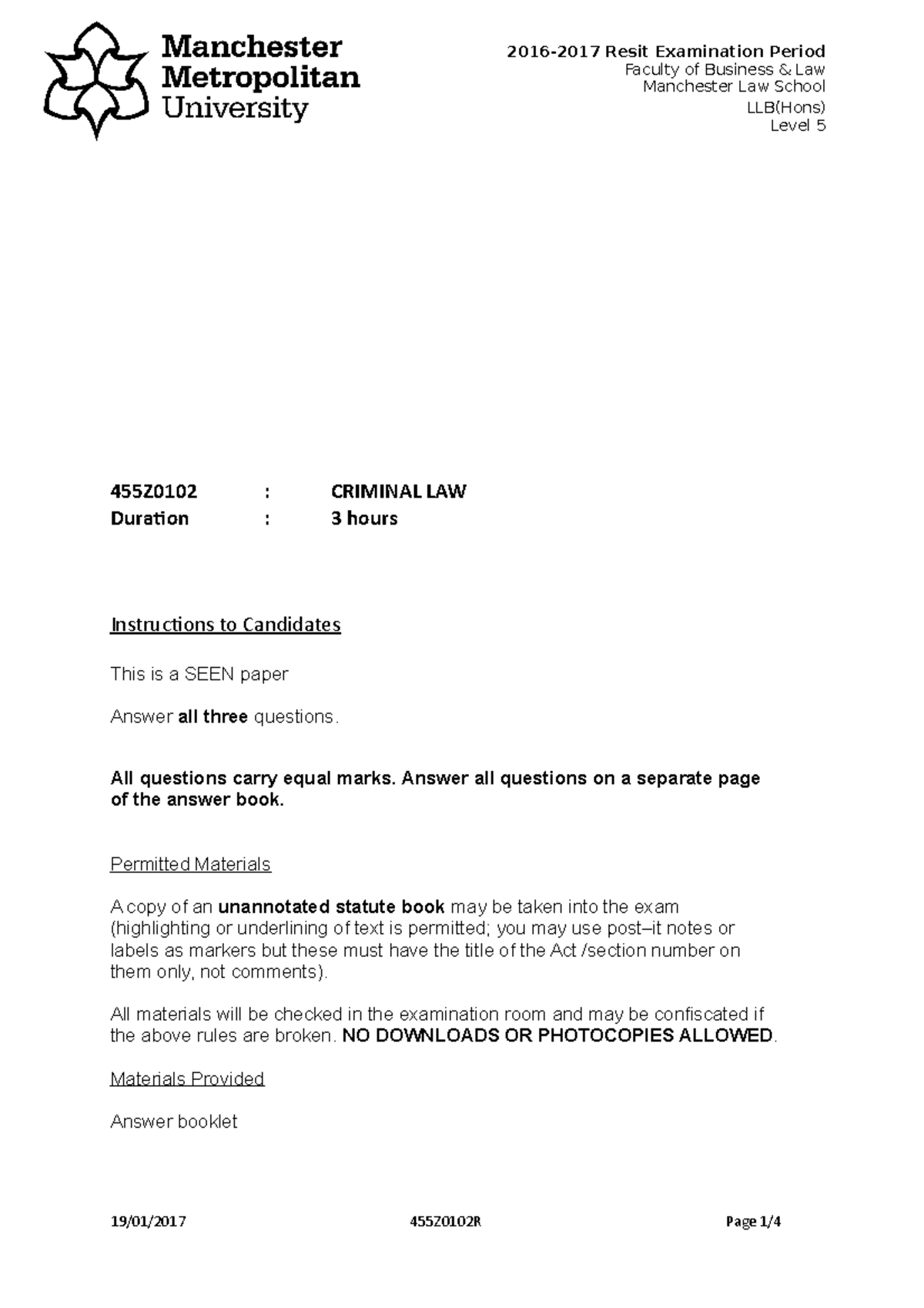 Criminal Law Resit Exam Paper 2017 Questions - 2016-2017 Resit ...