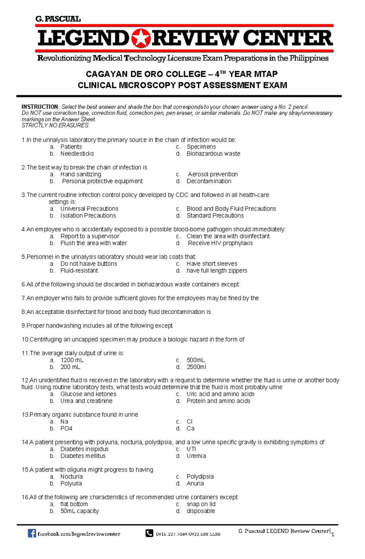 COC 4Y CM POST TEST - Clinical Microscopy Practice - face b oo k m/ le ...