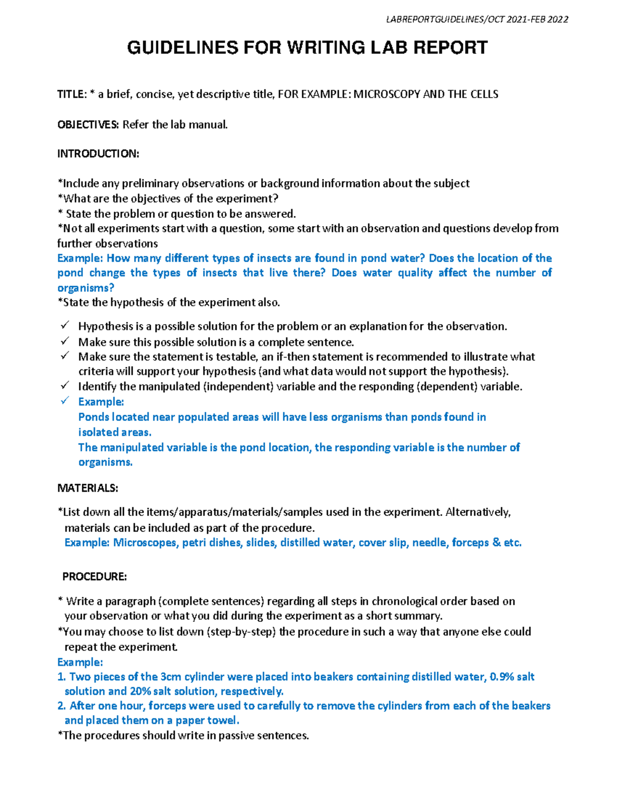 3. Guidelines FOR Writing LAB Report - LABREPORTGUIDELINES/OCT 2021-FEB ...