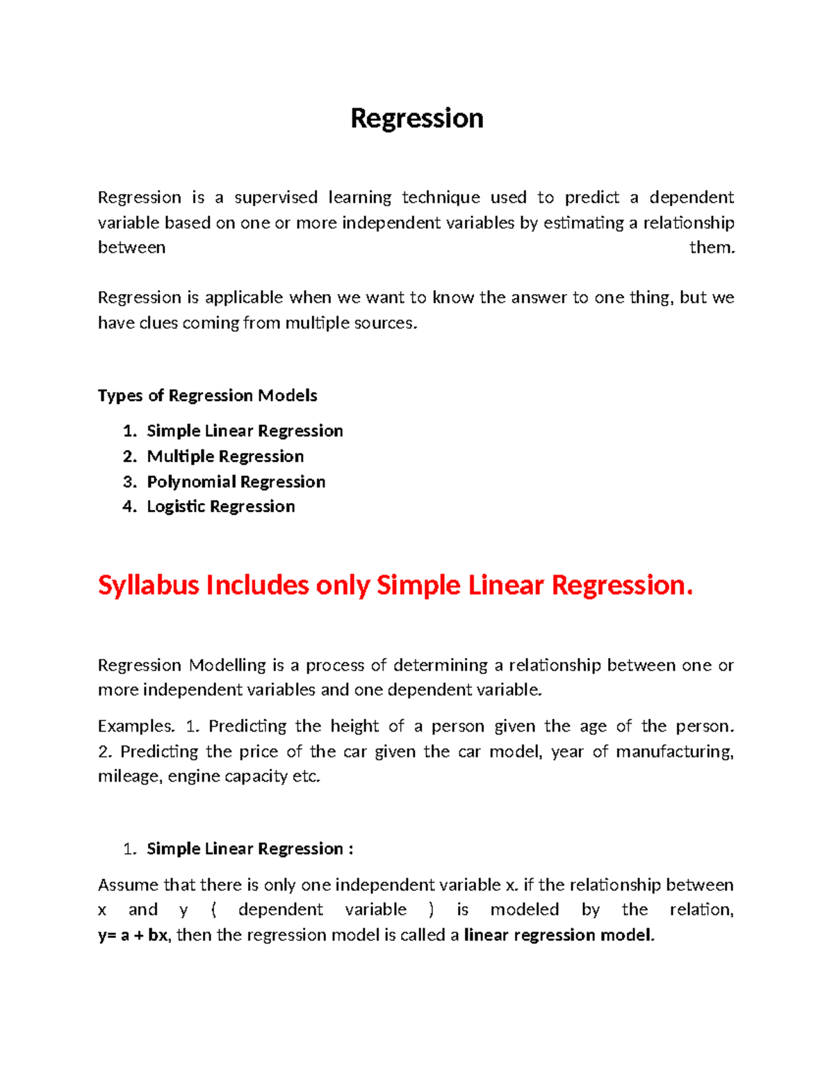 Module 3 Chapter 5 - ..................... - Regression Regression is a ...
