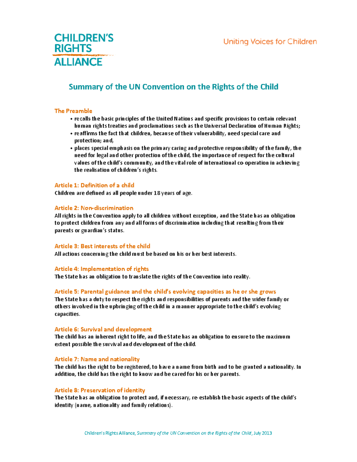 Summary of UNCRC - Summary of the UN Convention on the Rights of the ...