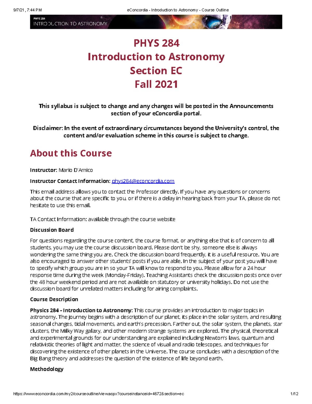 E Concordia - Introduction to Astronomy - Course Outline - PHYS 284 ...