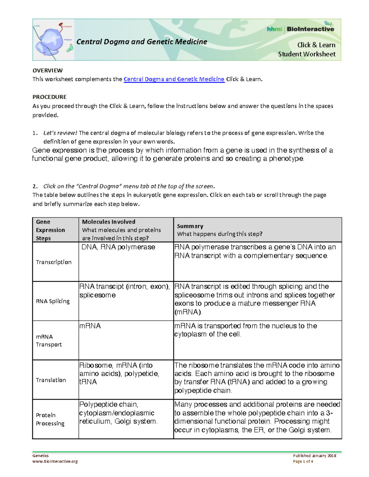 Bio Assignment 5 - Genetics Published January 2018 Click & Learn ...