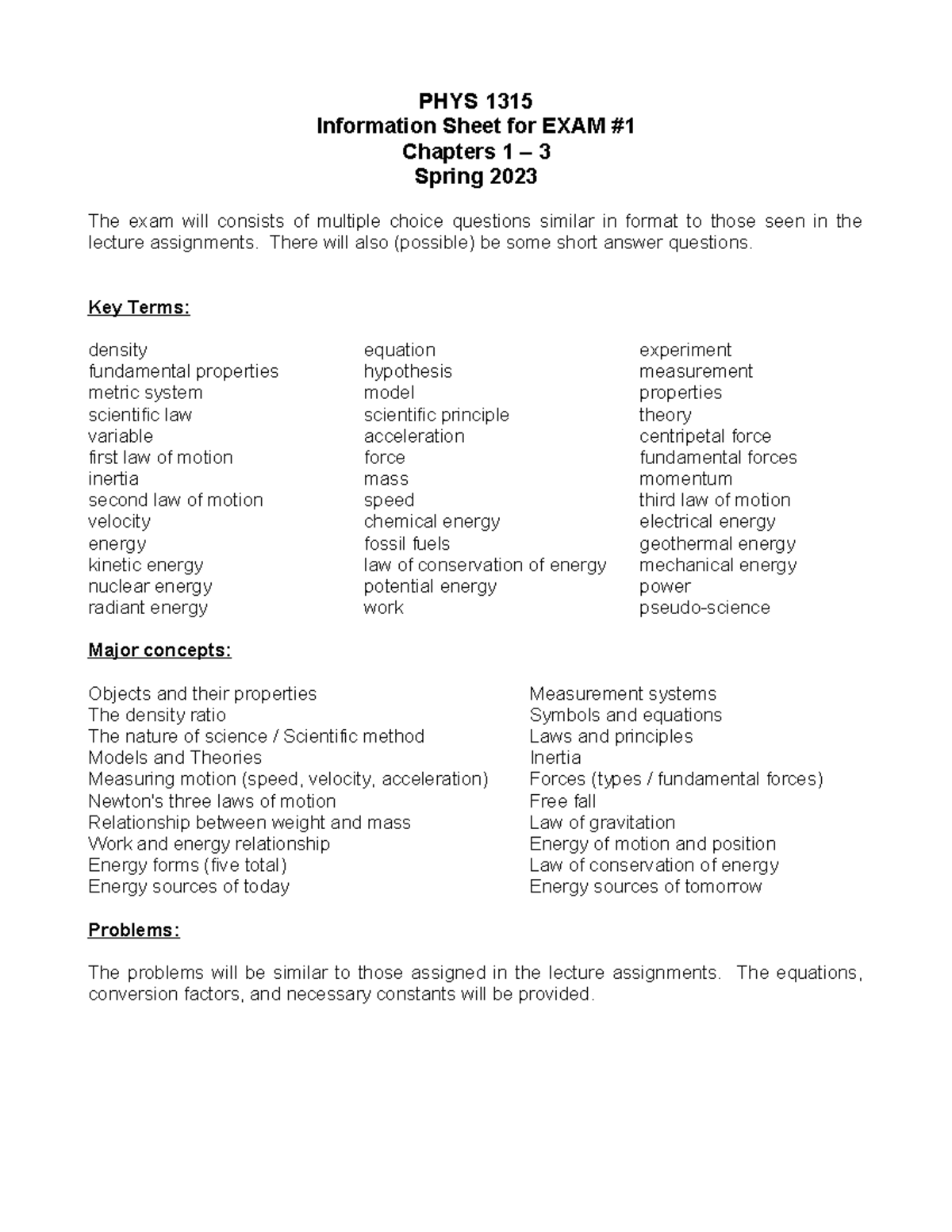 Exam 1 Information Sheet Spring 2023 - PHYS 1315 Information Sheet for EXAM Chapters 1 – 3 ...