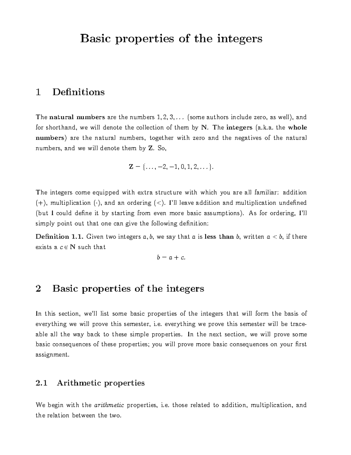 Basic Properties Of Integers - Basic properties of the integers MA 341 ...