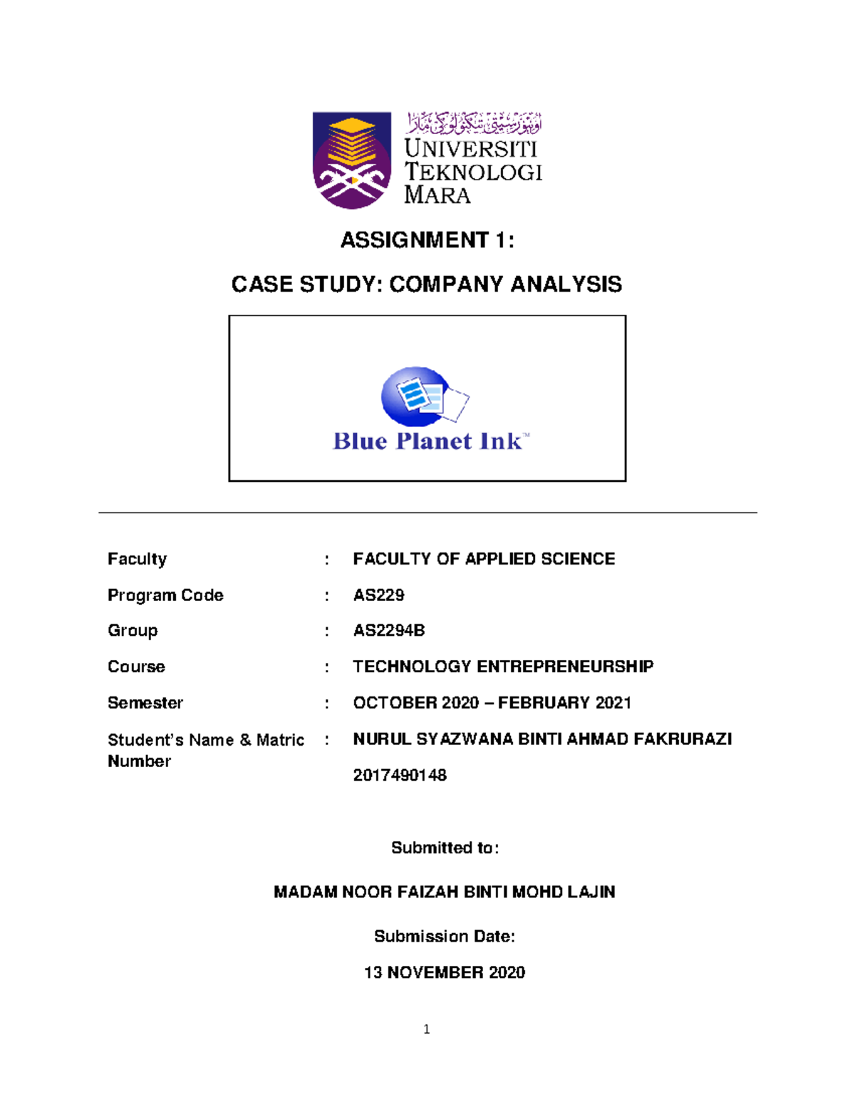 Assignment 1 ENT600 Nurul Syazwana Ahmad Fakrurazi - ASSIGNMENT 1: CASE STUDY: COMPANY ANALYSIS ...
