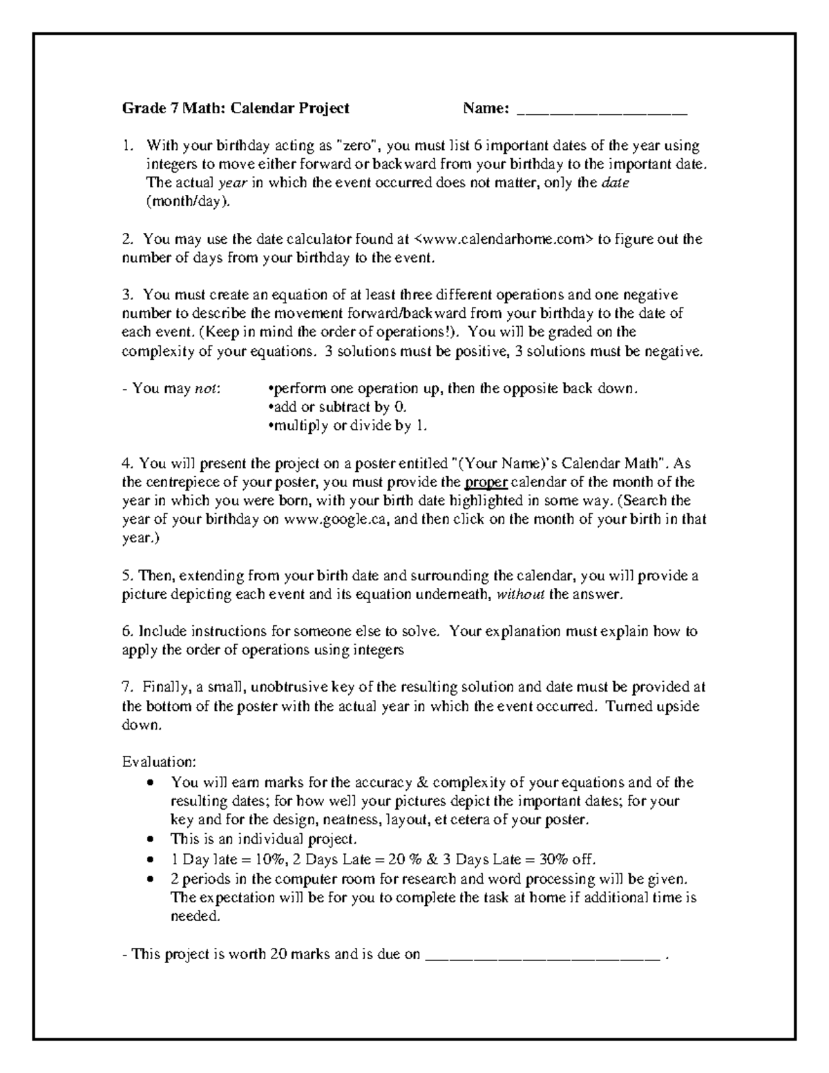 2406897-Calender-math - Grade 7 Math: Calendar Project Name ...