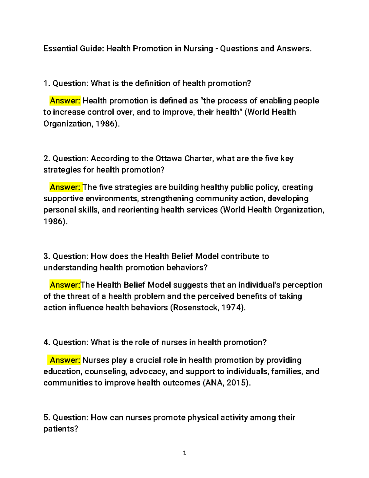 Essential Guide Health Promotion in Nursing - Questions and Answers ...