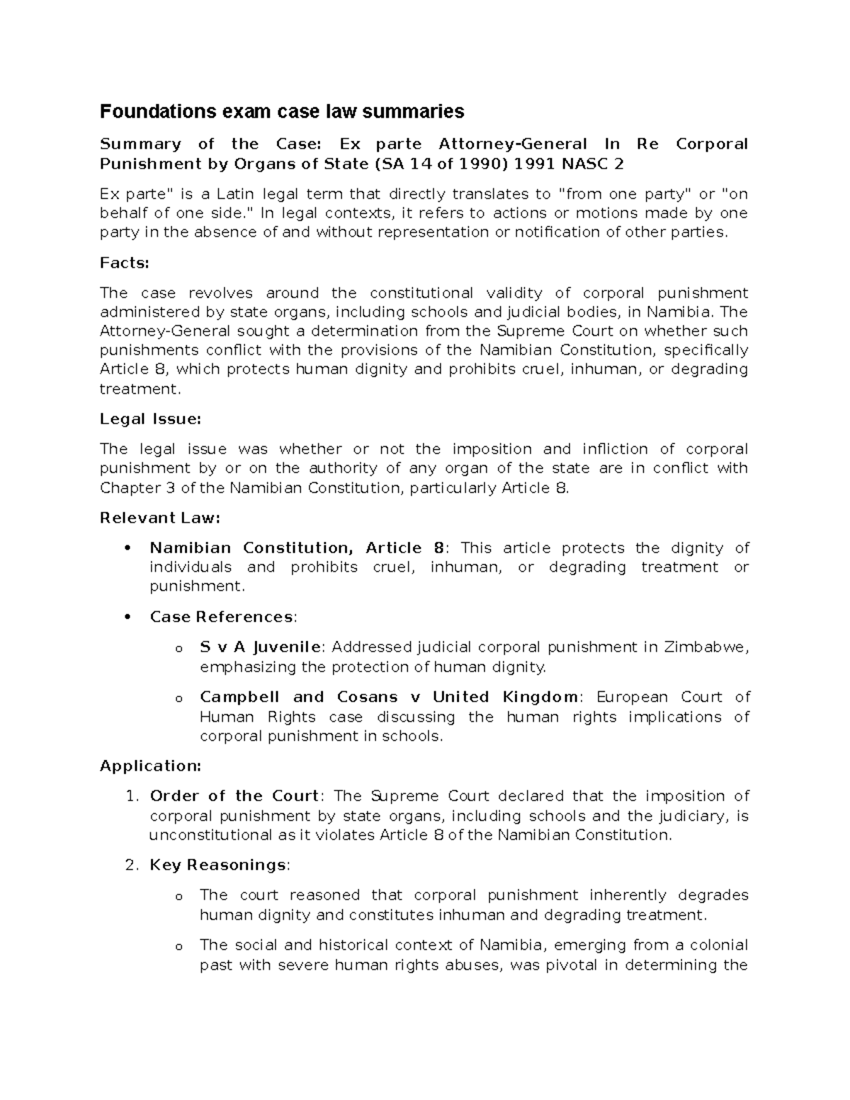 Case summaries foundations to law exam scope - Foundations exam case ...