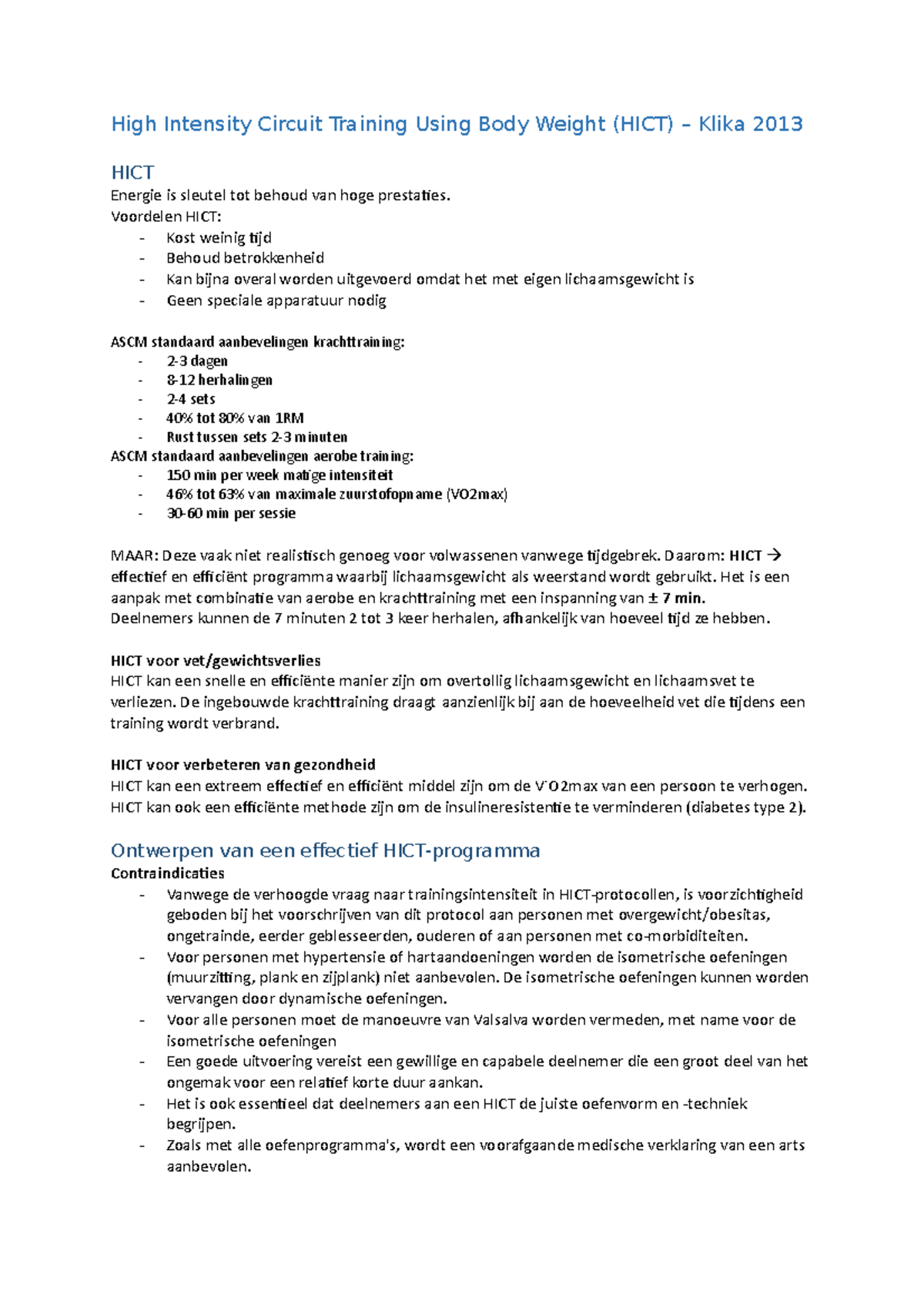 HICT - Samenvatting over High Intensity Circuit Training Using Body ...