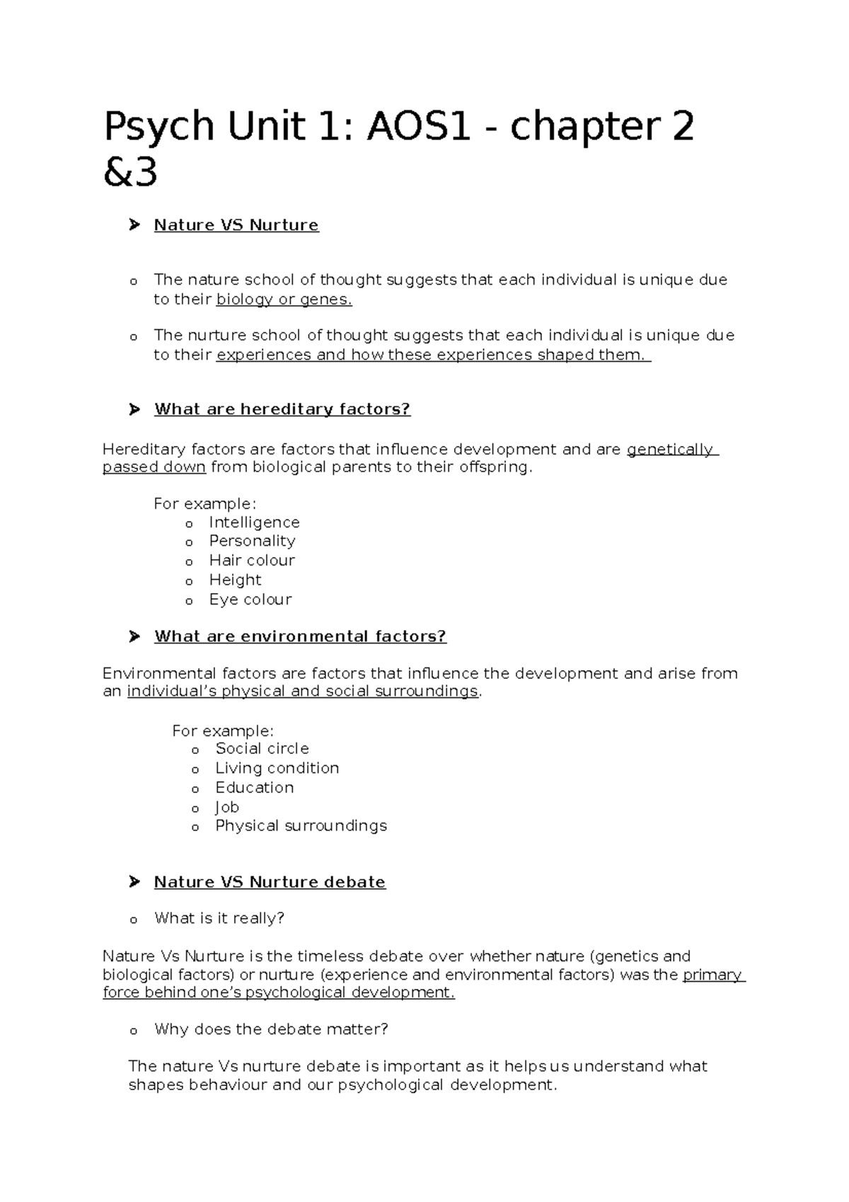 AOS 1 checklist - Psychology - Psych Unit 1: AOS1 - chapter 2 & Nature ...