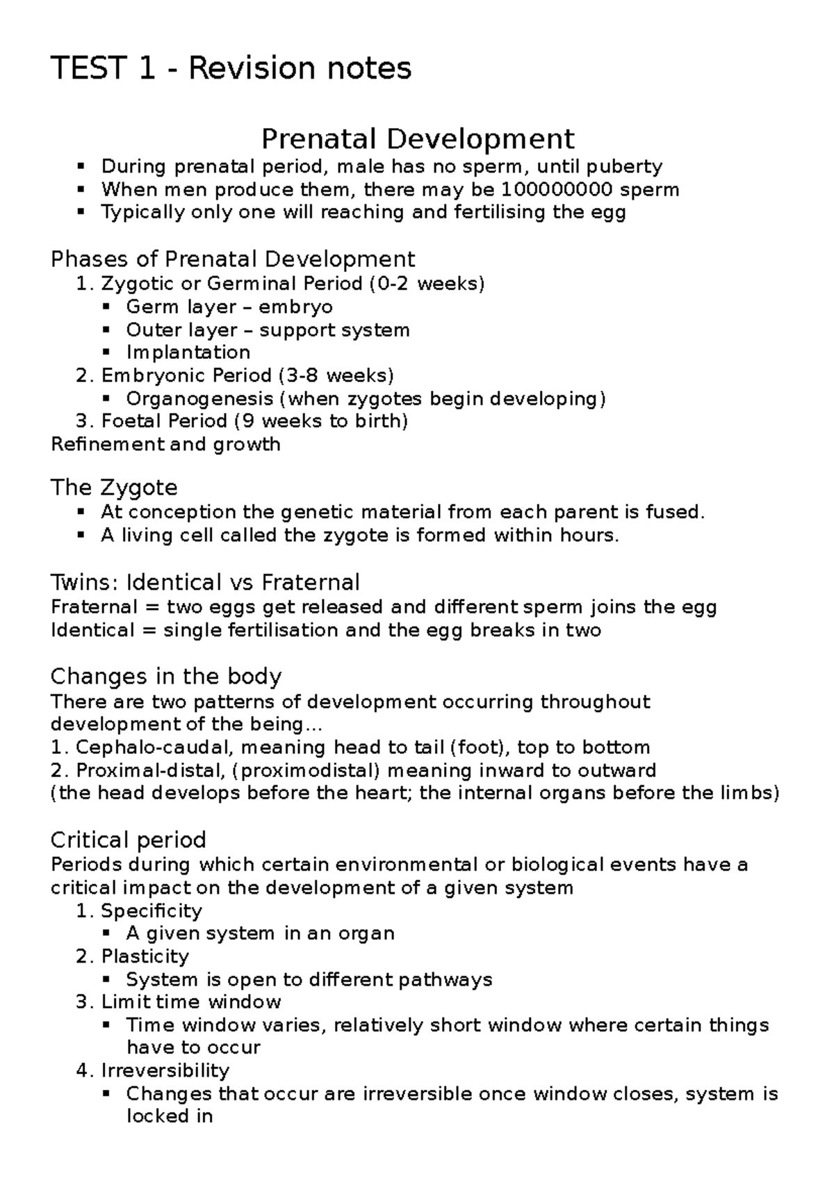 TEST 1 - Revision Notes - TEST 1 - Revision notes Prenatal Development ...