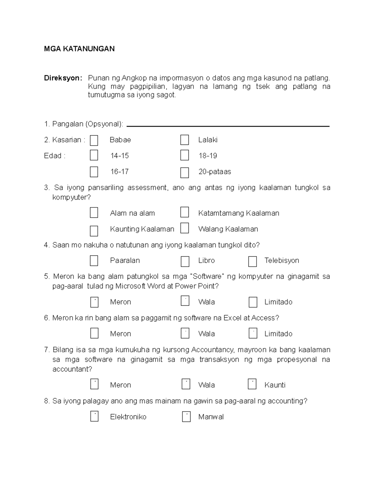 Pananaliksik Survey - THIS DOCUMENT MAY SERVE AS A GUIDE TO YOU - MGA ...