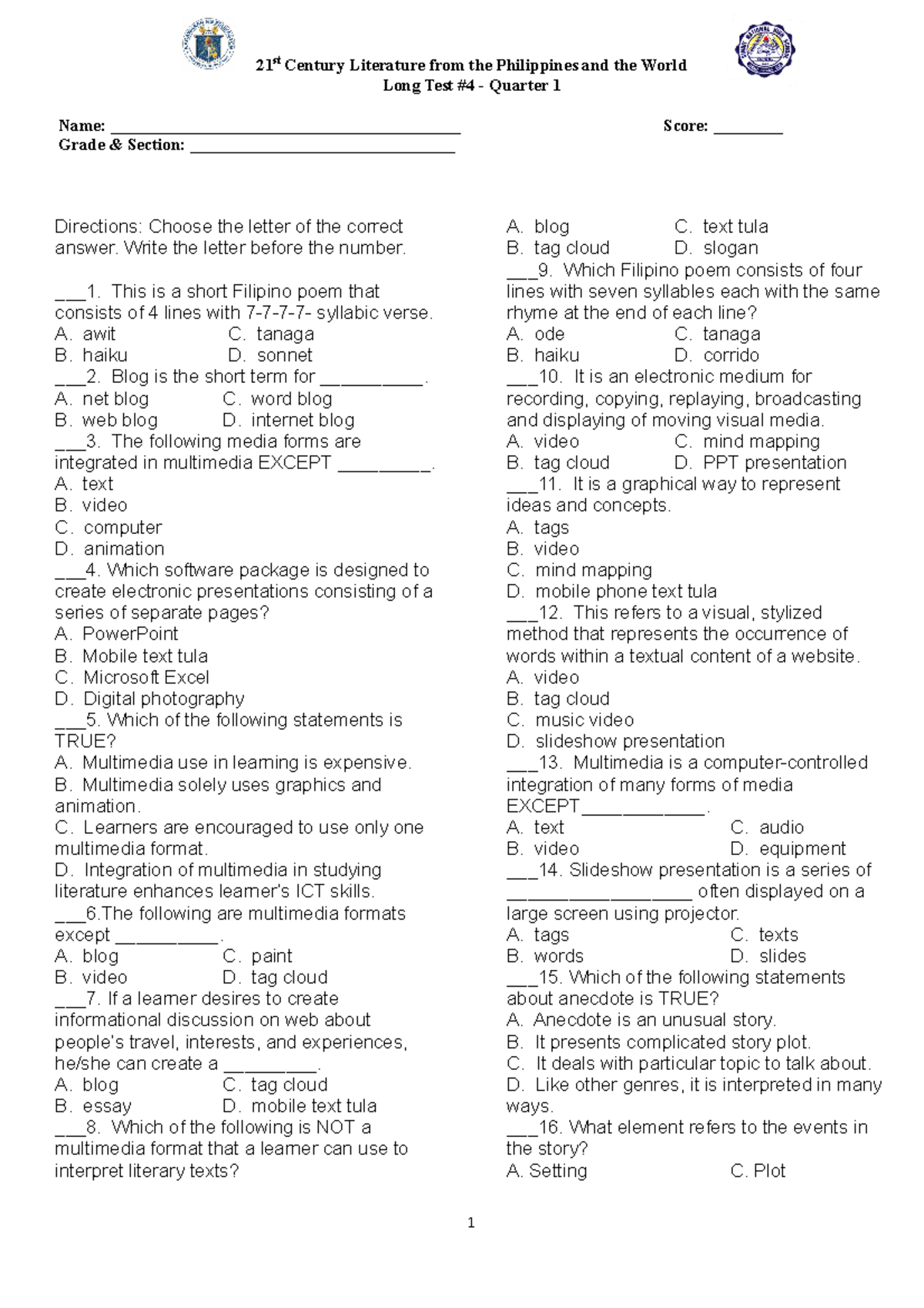 Long-Test-4 21st-Century-Literature nene - 21 st Century Literature ...