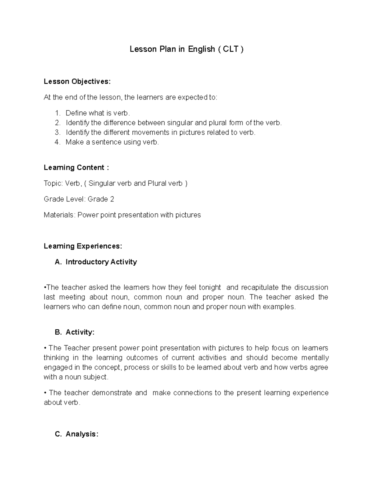 Lesson Plan in CLT - Lesson Plan in English ( CLT ) Lesson Objectives ...