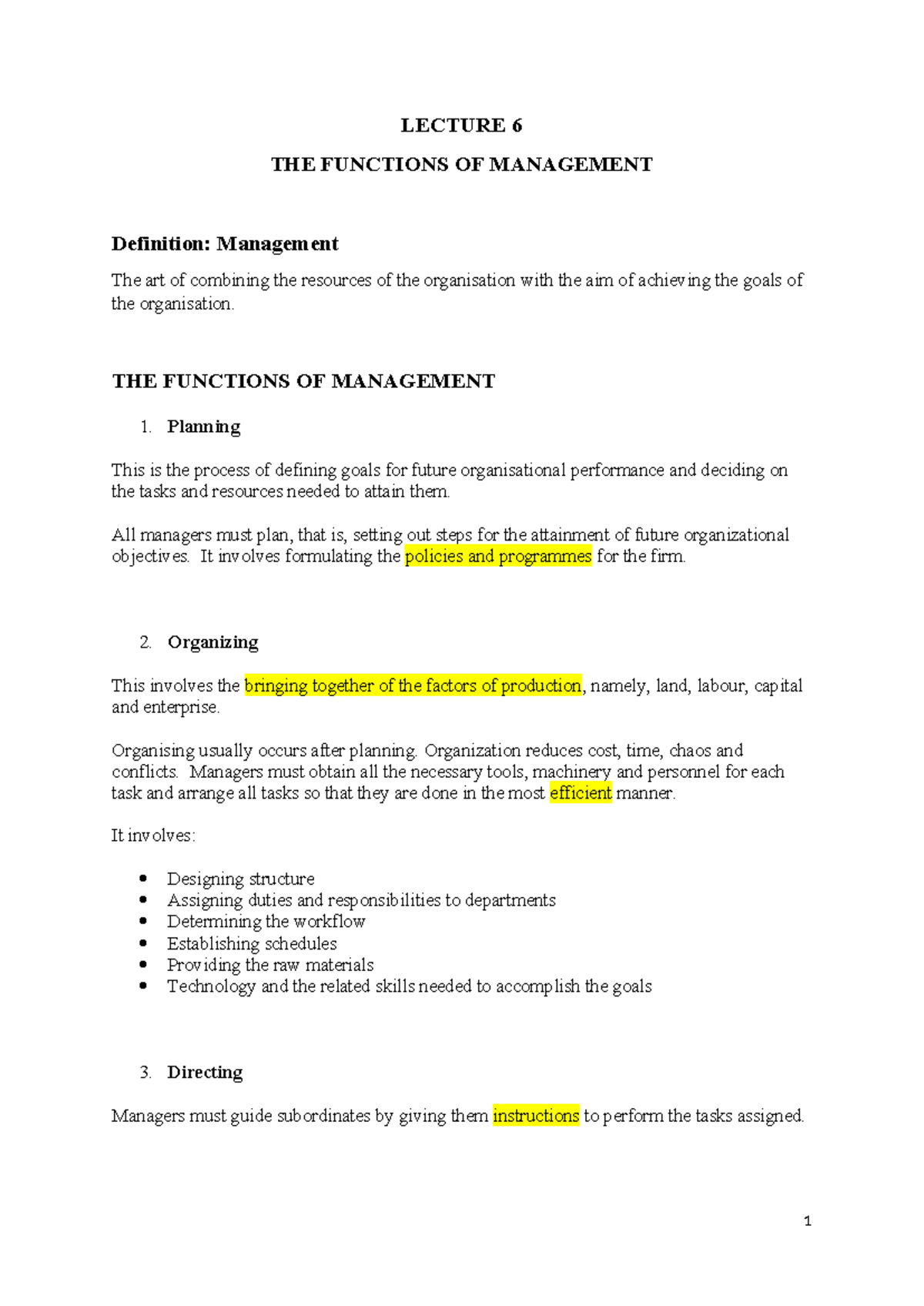 Lecture-6 - LECTURE 6 THE FUNCTIONS OF MANAGEMENT Definition ...