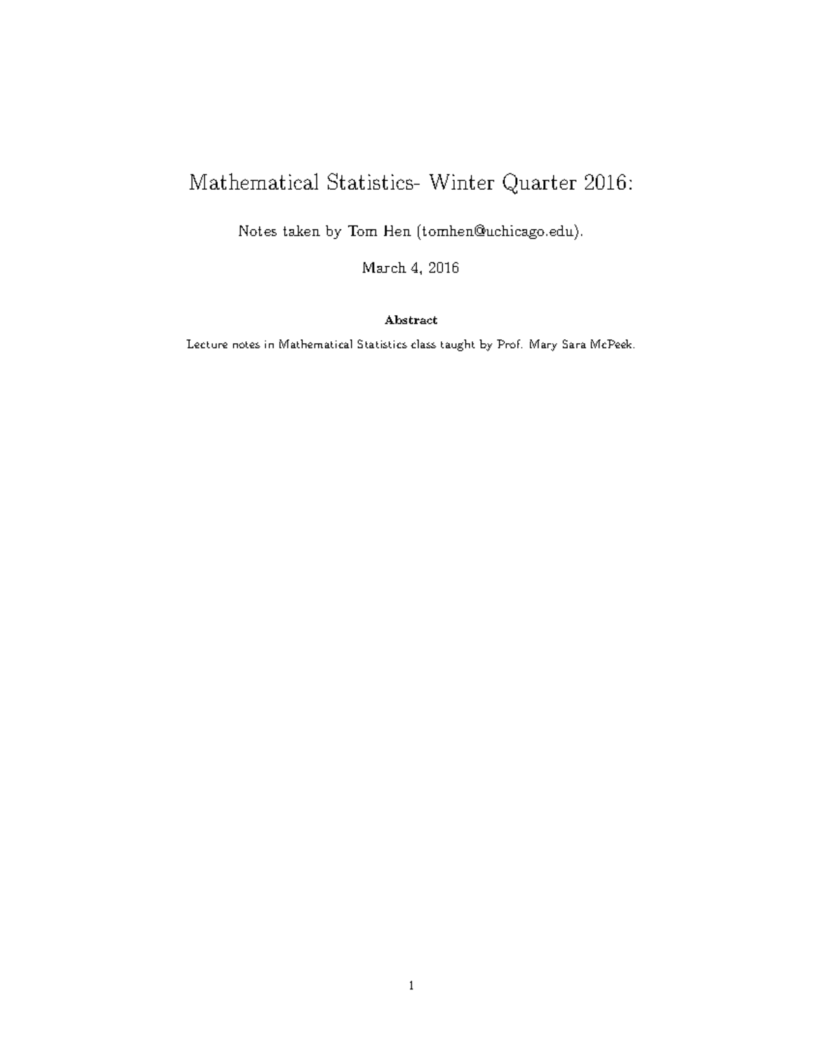 30100 Mathematical Statistics notes - Mathematical Statistics- Winter ...