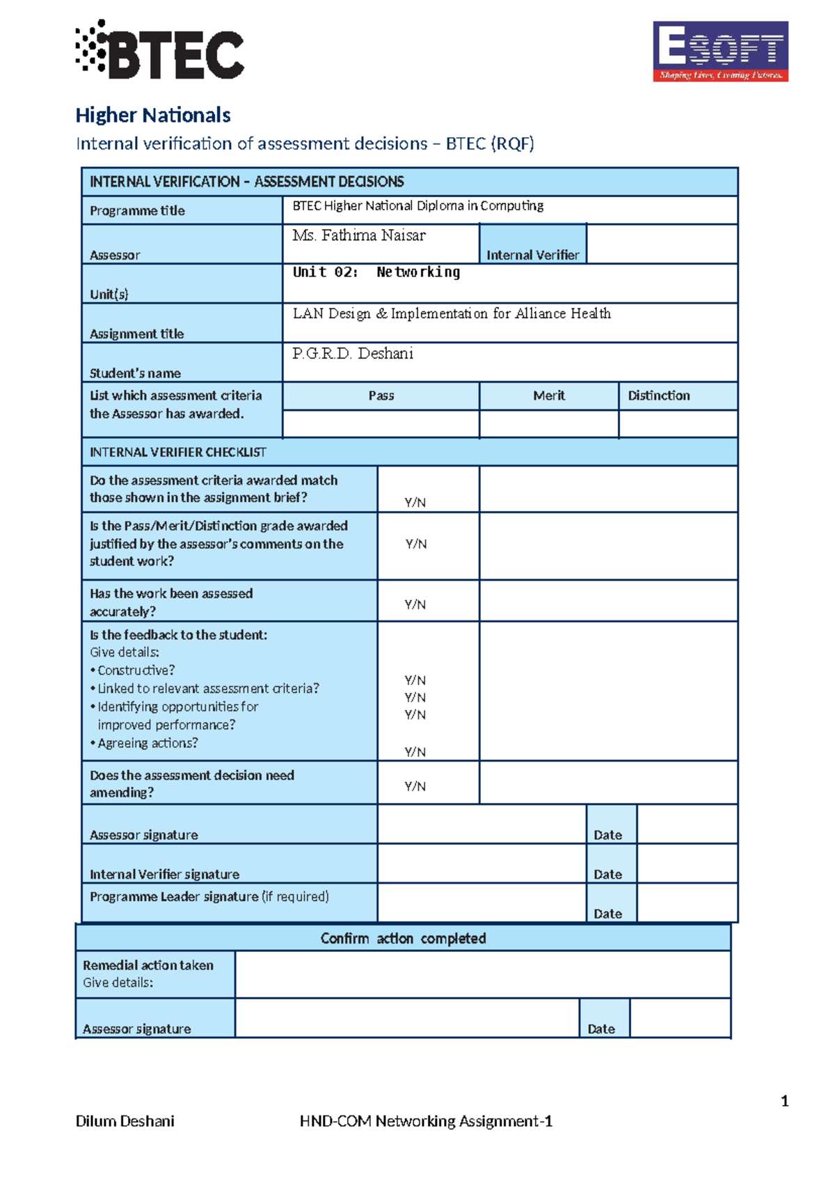 HND Networking Deshani - Higher Nationals Internal verification of assessment decisions – BTEC ...