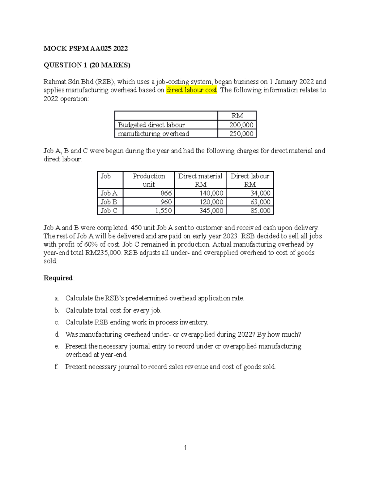 MOCK AA025 2022 - SET1 - example of question - MOCK PSPM AA025 2022 QUESTION 1 (20 MARKS) Rahmat ...