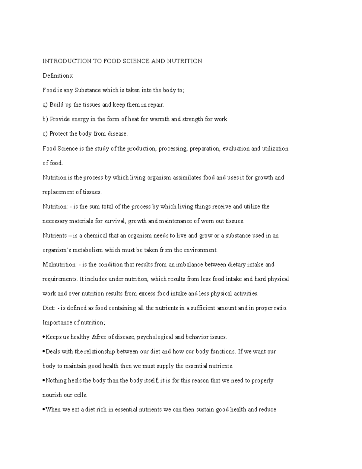 Nutrition Notes Sen INTRODUCTION TO FOOD SCIENCE AND NUTRITION