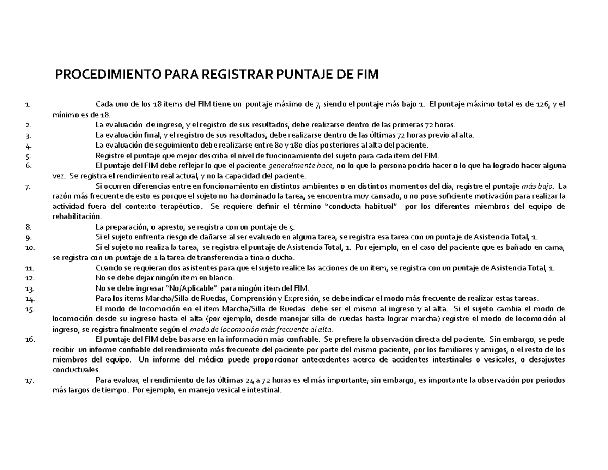 Protocolo USO FIM - PROCEDIMIENTO PARA REGISTRAR PUNTAJE DE FIM Cada ...