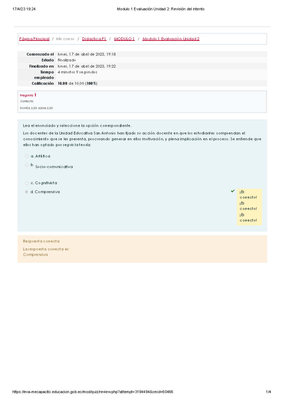 Modulo 1 Evaluación Unidad 2 Revisión del intento - Página Principal / Mis cursos / Didactica P1 ...