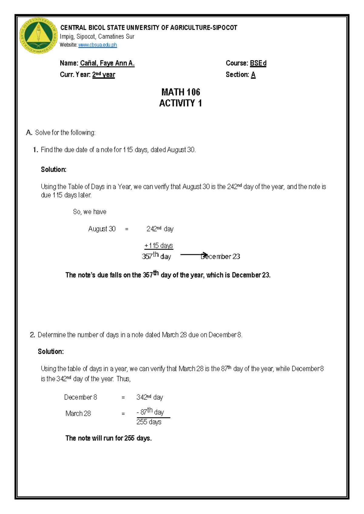 Activity 1 - MATH 106 Activity for Math Major - CENTRAL BICOL STATE ...