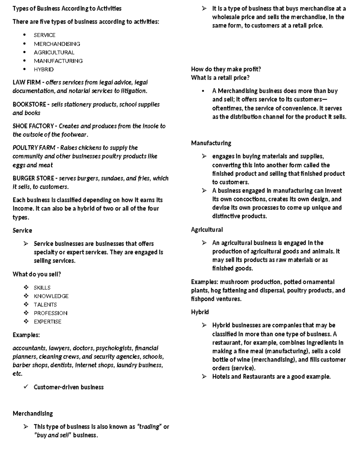 Types of Business According to Activities - BOOKSTORE - sells ...