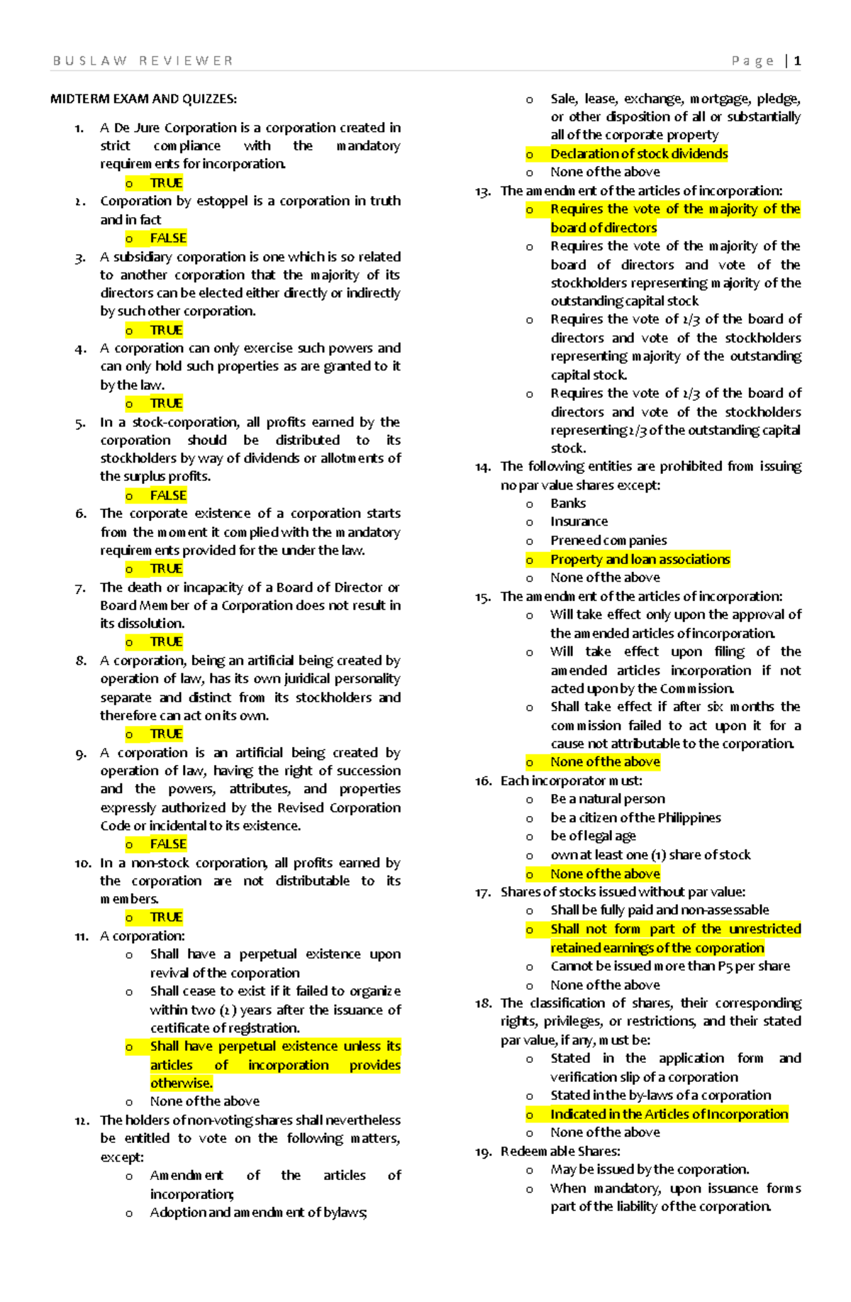 BUSINESS LAW EXAMS AND QUIZZES - MIDTERM EXAM AND QUIZZES: A De Jure ...