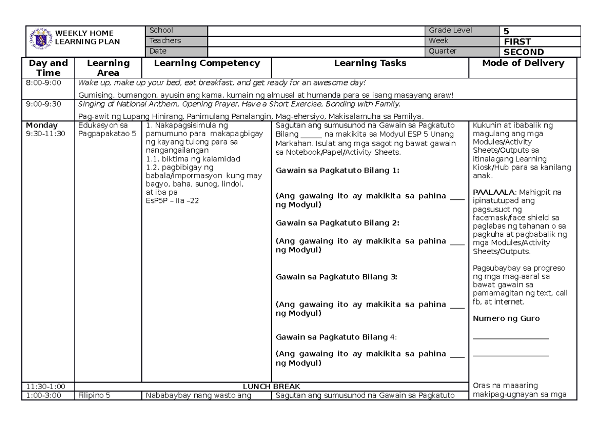 Grade 5 WHLP Q2 Week 1 - WEEKLY HOME LEARNING PLAN School Grade Level 5 ...