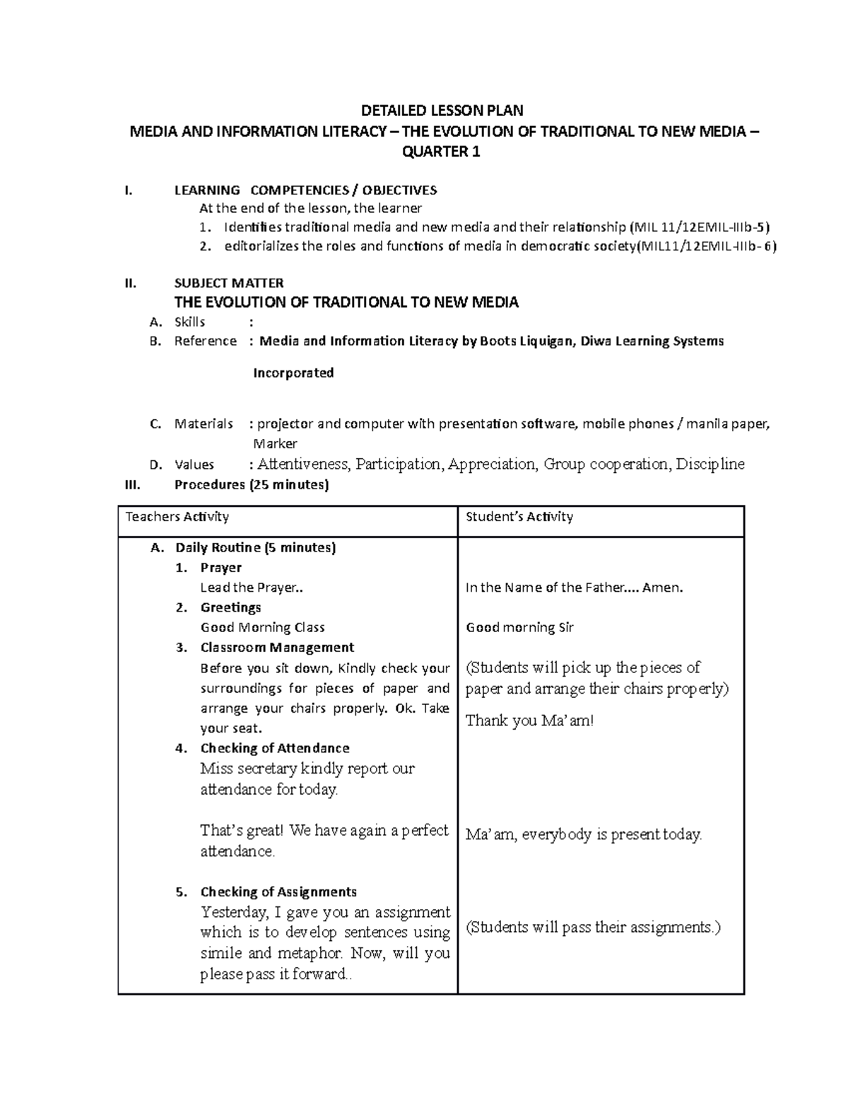 352727447-Detailed-Lesson-Plan-Mil - DETAILED LESSON PLAN MEDIA AND INFORMATION LITERACY – THE ...