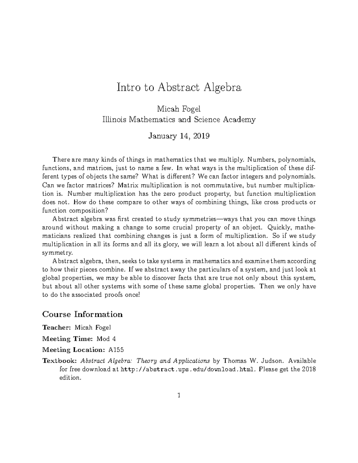 00 Course Description - Intro to Abstract Algebra Micah Fogel Illinois ...
