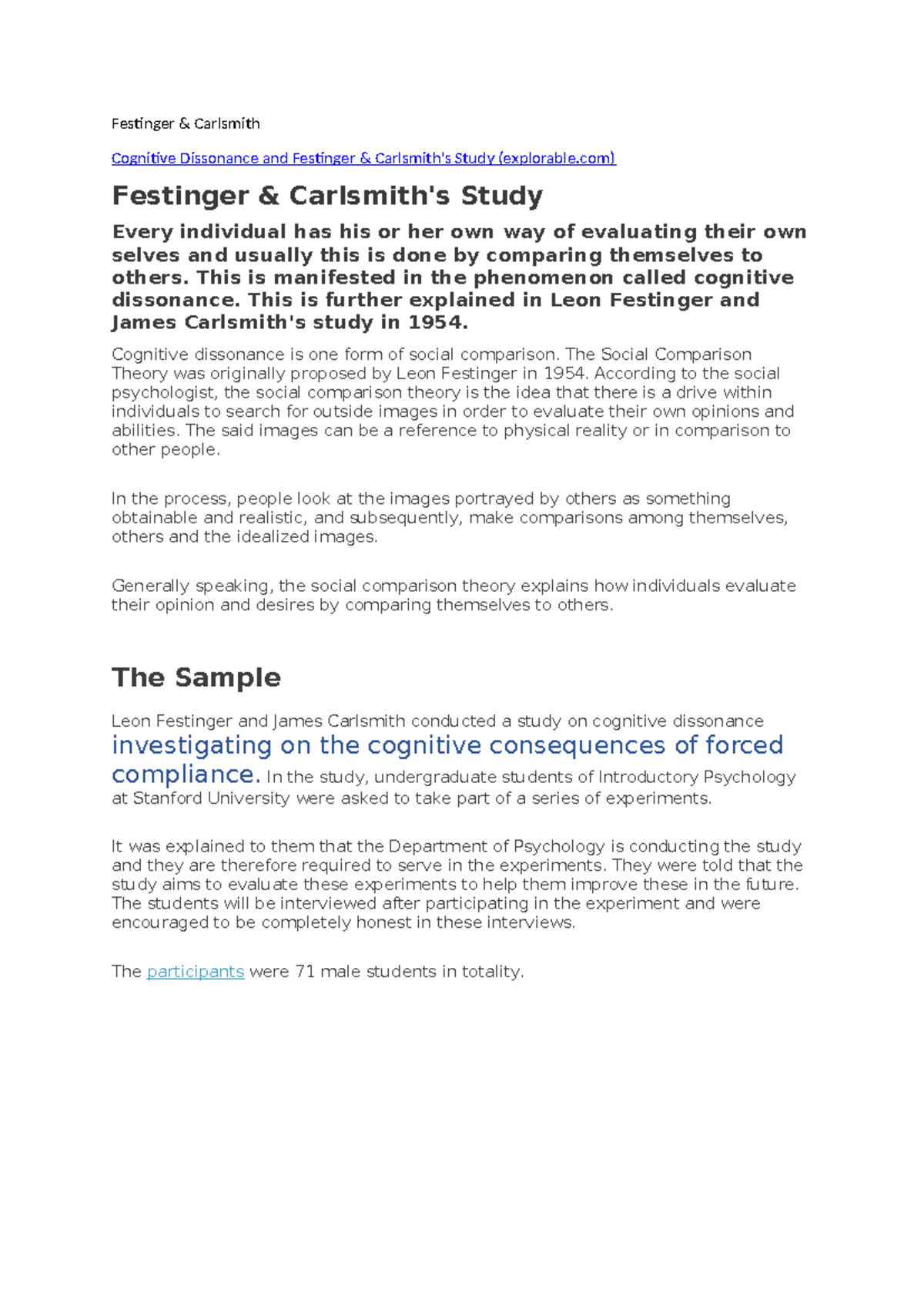 Festinger & Carlsmith Study - Festinger & Carlsmith Cognitive ...