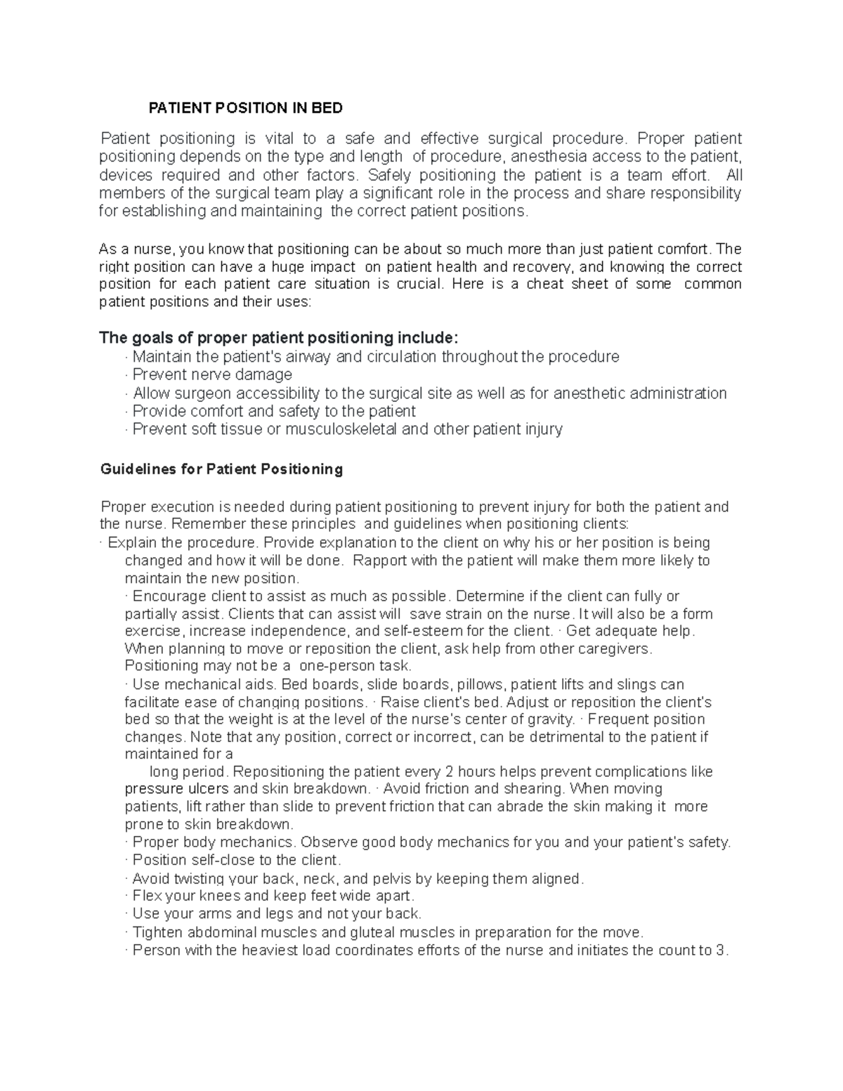 Patient Position IN BED - PATIENT POSITION IN BED Patient positioning ...